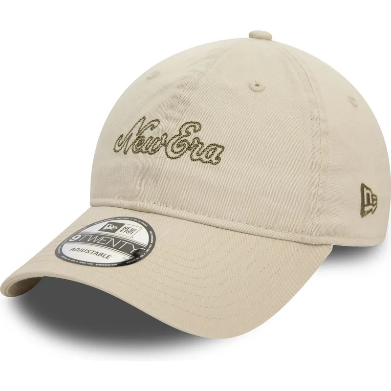 New Era Curved Brim 9TWENTY Heritage Script Beige Adjustable Cap: Caphunters.co.uk